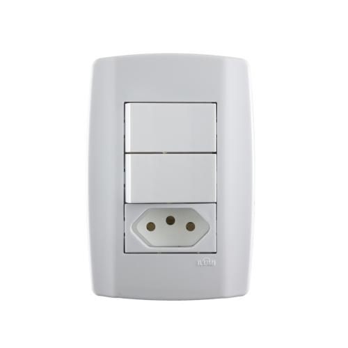 CONJUNTO 2 INTERRUPTORS SIMPLES + TOMADA 10A - LINHA SLIM - ILUMI CONJUNTO 2 INTERRUPTORS SIMPLES + TOMADA 10A - LINHA SLIM - ILUMI